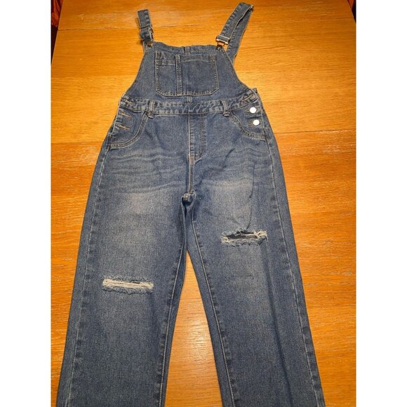 SHEIN | Jeans | Vintage Distressed Blue Denim Overalls Adjustable ...
